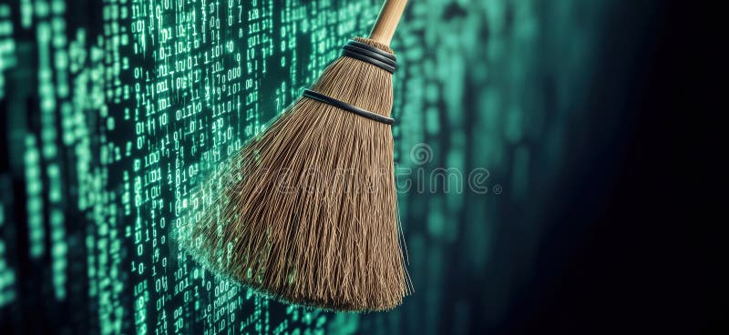 Digital Broom Sweeping Away Binary Code, Symbolizing Data Cleaning and ...