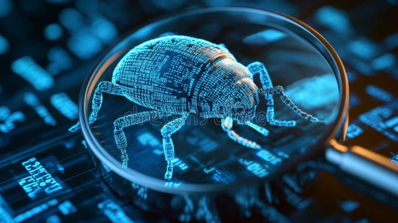Digital Bug Under Magnifying Glass on Circuit Board Stock Illustration ...