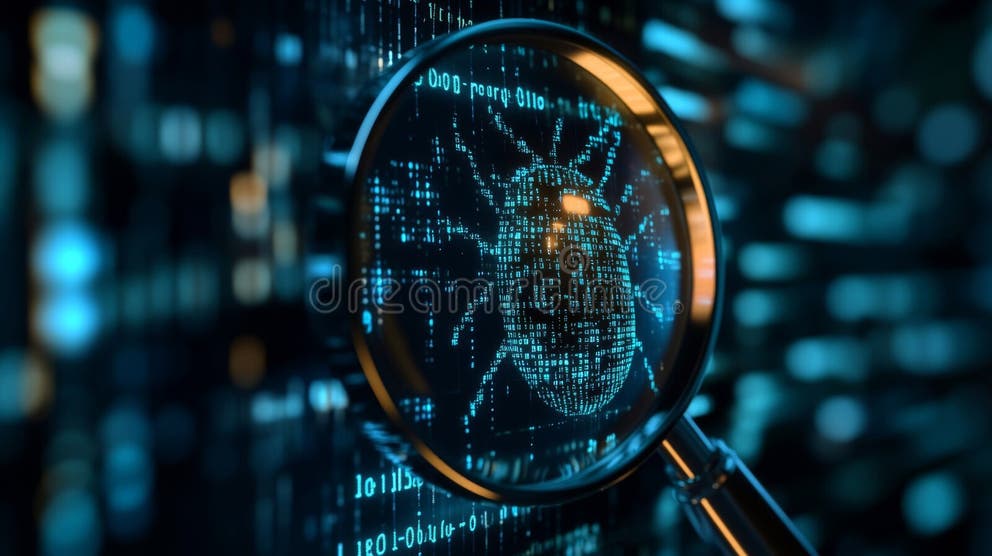 Digital Bug Under Magnifying Glass Dark Blue Background Stock ...