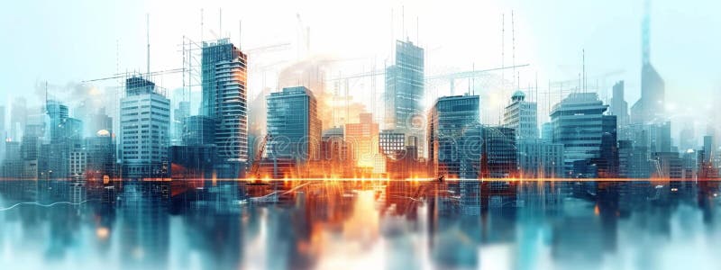 Digital Building Engineering Illustration with Double Exposure Graphic ...