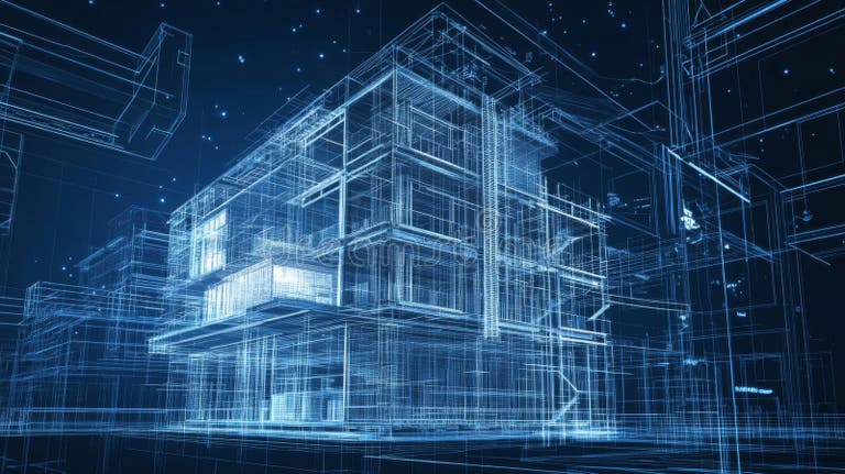 Digital Building Model Wireframe in Blue Cityscape Stock Illustration ...