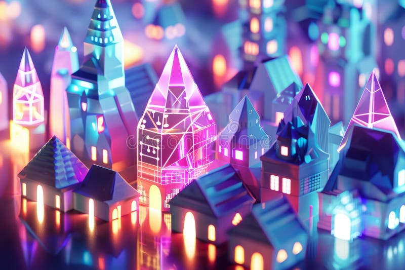 Digital Buildings of Glowing 3d Triangular Polygons in City Stock ...