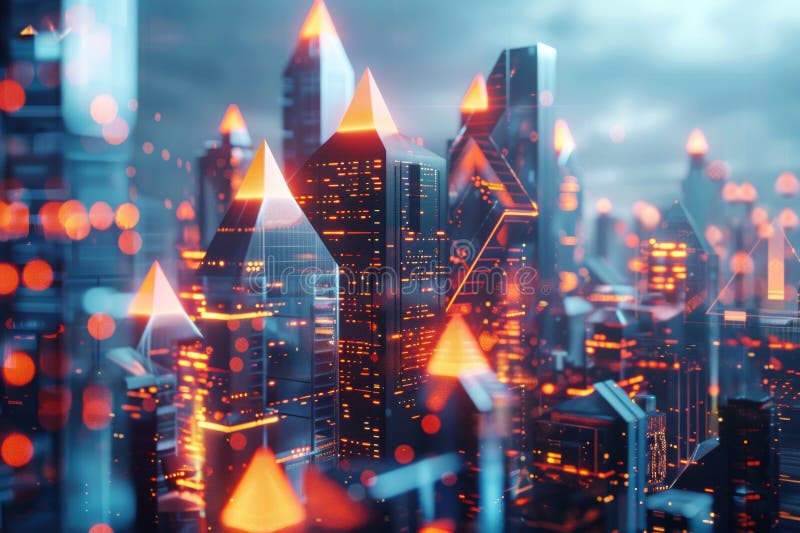 Digital Buildings of Glowing 3d Triangular Polygons in City Stock Photo ...