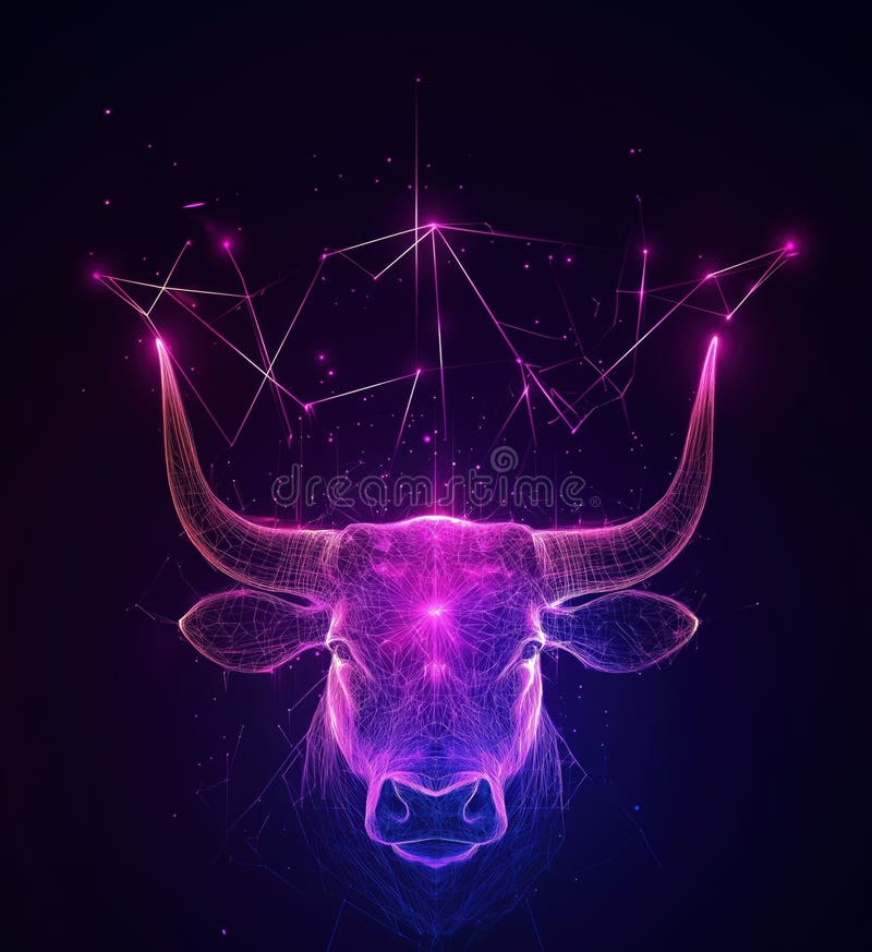 Digital Bull Head with Neon Wireframe Design and Cosmic Background ...