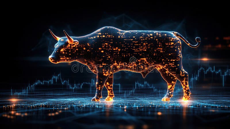 Digital Bull Market City Lights Bull Graphic on a Digital Background ...