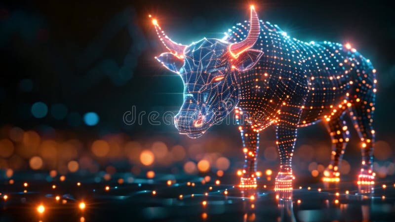A Digital Bull, Rendered in a 3D Style, Stands on a Surface Illuminated ...