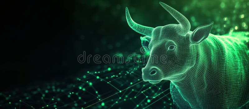 Digital Bull Representation with Green Wireframe Design, Abstract ...