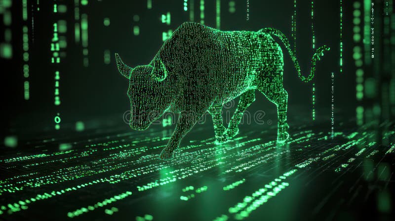 Digital Bull Silhouette Formed by Glowing Green Code, Creating Glitch ...