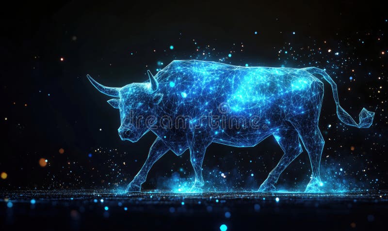 Digital Bull Silhouette with Glowing Blue Lines and Particles ...
