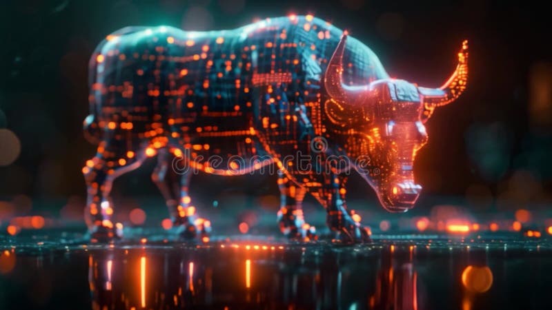 Digital Bull Walking on a Glowing Grid in Front of a Black Background ...
