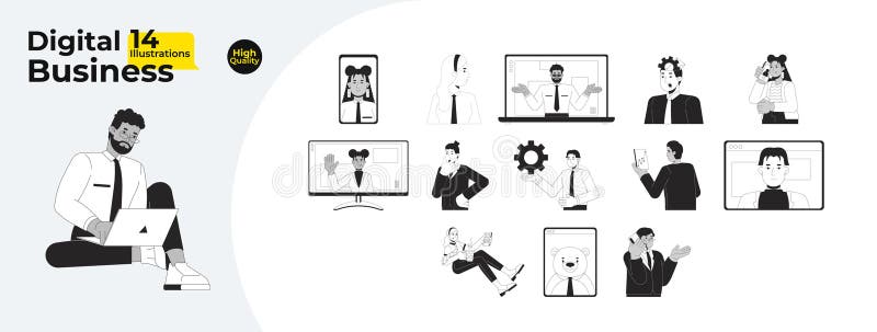 Digital Business Communication and Remote Work Outline Illustrations Mega Bundle Stock ...