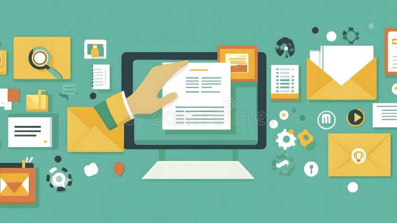 Digital Business Process with Hand Over Flat Design Style, Marketing ...