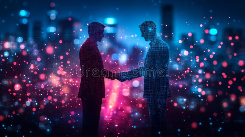 Digital Businessmen Handshake at Night City Stock Illustration ...