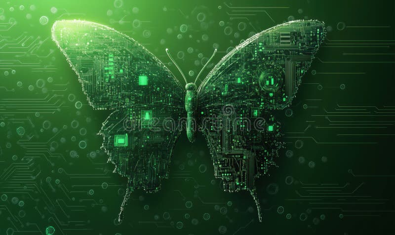 Digital Butterfly Composed of Circuit Board Patterns and Glowing Green ...