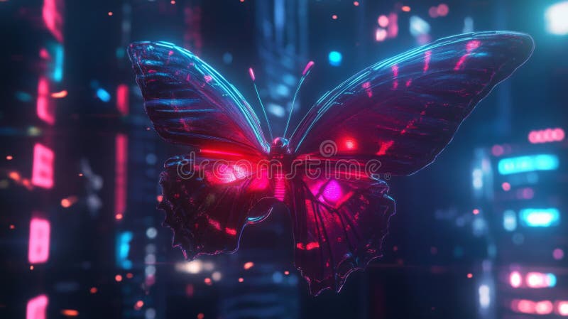 Digital Butterfly in Cyberpunk Cityscape at Night Stock Illustration ...