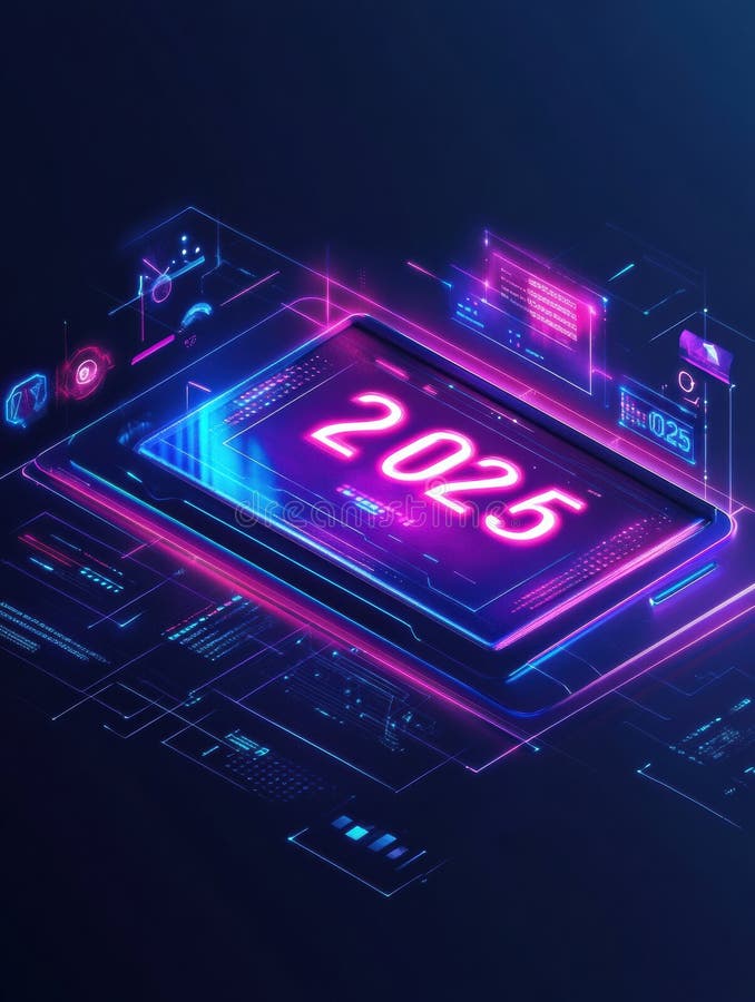 Futuristic Digital Calendar Showcasing the Year 2025 with Vibrant Neon ...