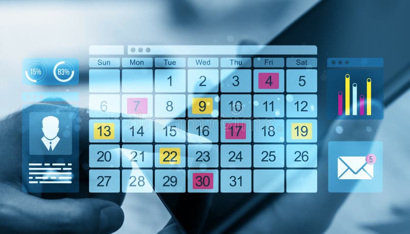 Digital Calendar Interface with Business Metrics on a Tablet Screen ...