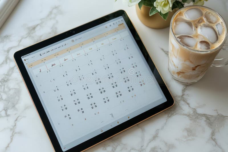 Monthly Calendar on Tablet with Iced Coffee Stock Illustration ...