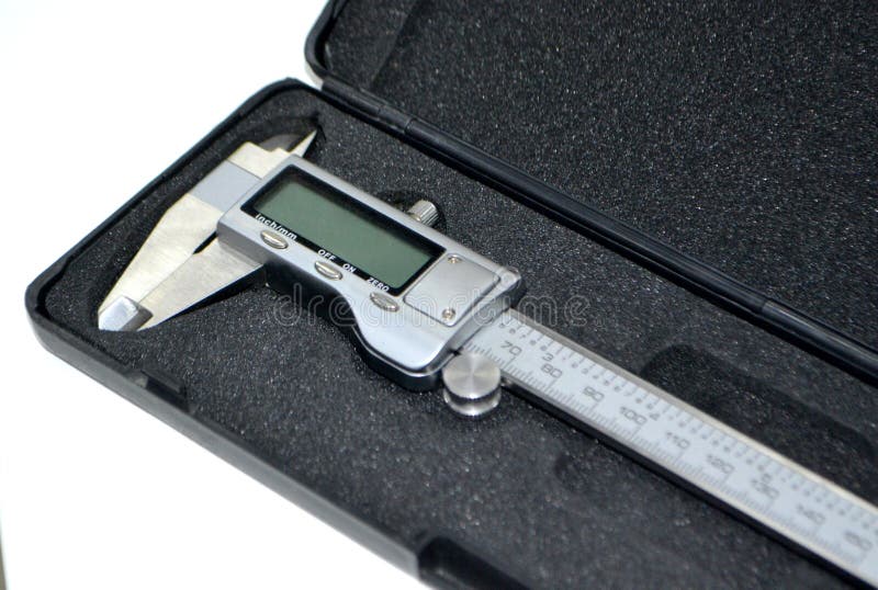Digital Caliper in Box Isolated on White Background Closeup. Stock ...