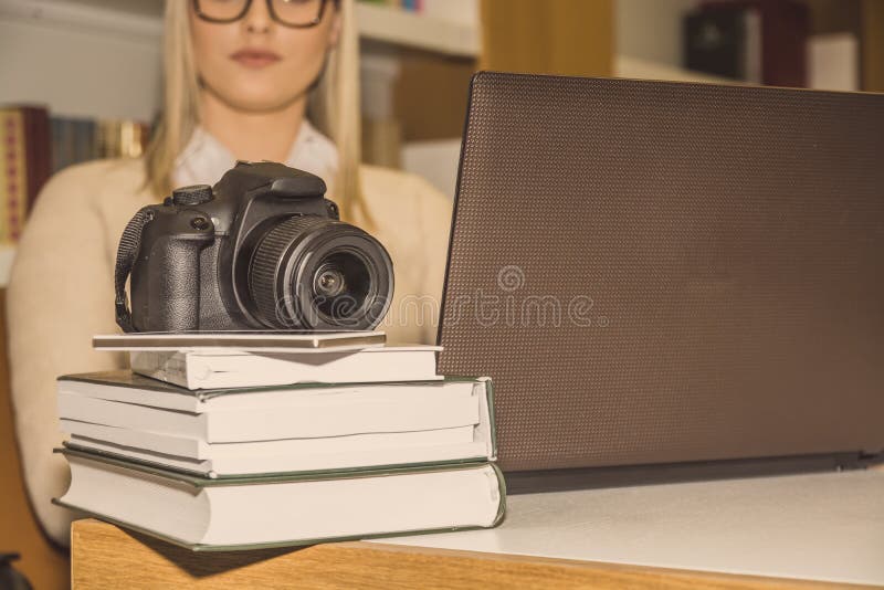 Digital Camera, Books, Laptop Stock Photo - Image of concentration ...