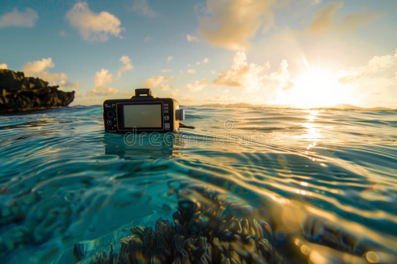 Digital Camera Floating on the Water Surface at Sunset Stock ...