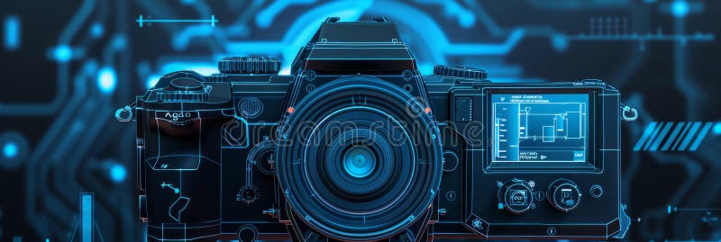 A Digital Camera with a Futuristic Design Against a Background of Blue ...