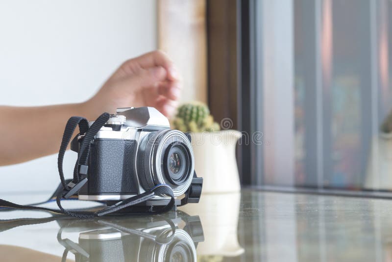 Digital Camera on Glass Table in Coffee Shop Stock Image - Image of ...