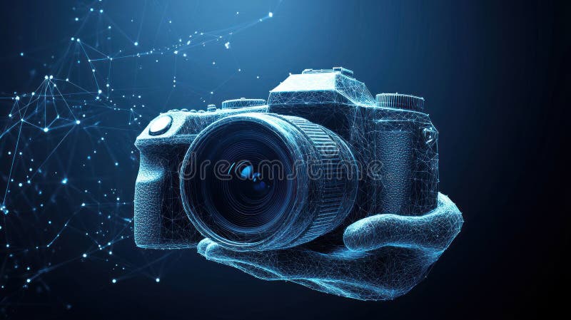 Digital Camera in Hand, Network Connections, Dark Background Stock ...