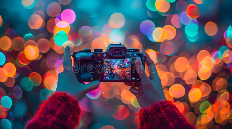 Digital Camera in Hands on a Festive Background Stock Illustration ...