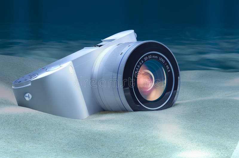 Digital Camera on Ocean Bottom Underwater, 3D Rendering Stock ...