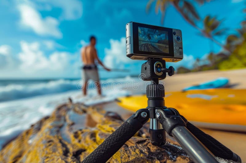 Digital Camera Recording a Surfer Walking on the Beach Stock Photo ...