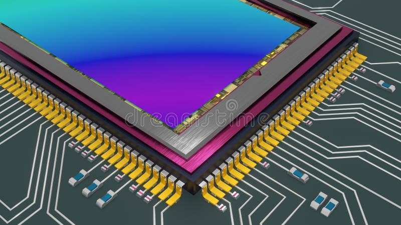 Digital Camera Sensor on Printed Circuit Board, Crop Close-up, 3D ...