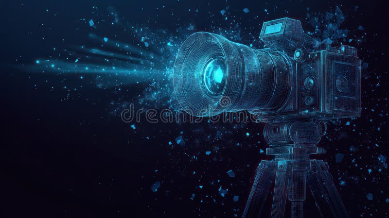 Digital Camera on Tripod, Glowing Particles, Dark Background Stock ...