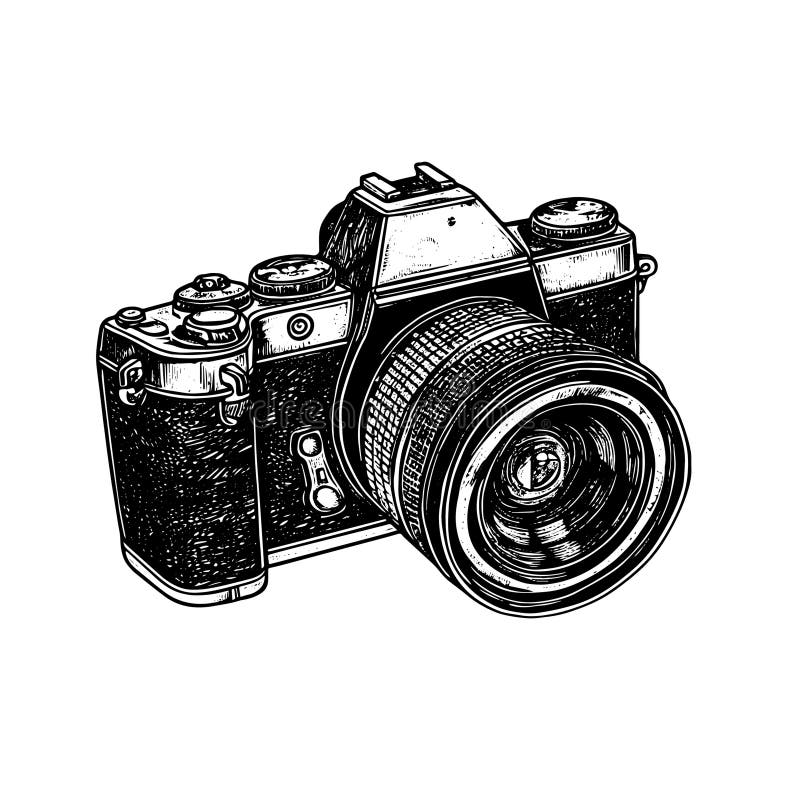 Digital Camera Vector Drawing. Isolated Hand Drawn Object, Engraved ...