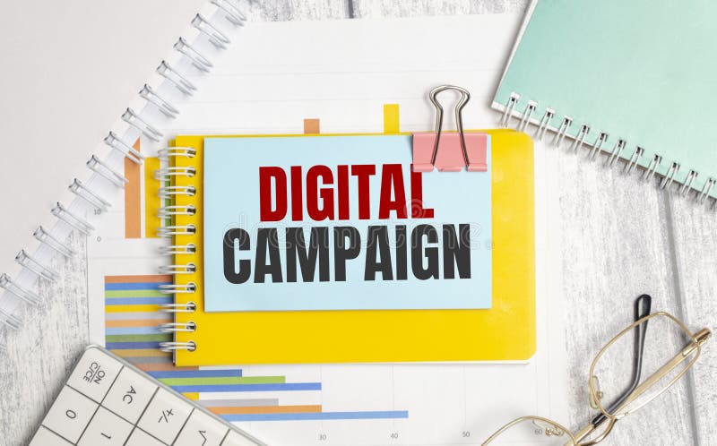 Digital Campaign Words on Blue Sticker with Glasses Stock Image - Image ...