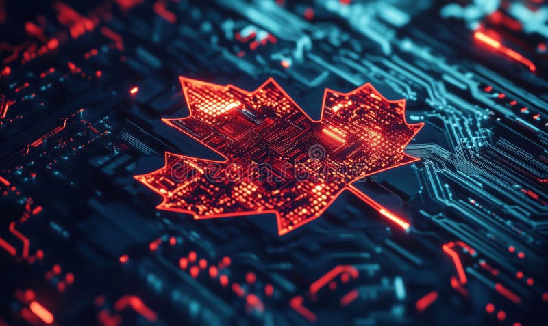 Digital Canadian Maple Leaf, Circuit Board Design, Glowing Red ...