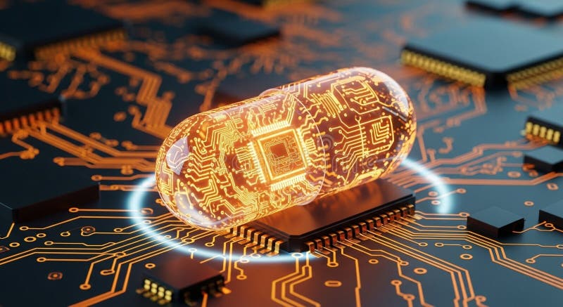 Digital Capsule with Circuit Board Design Resting on a Modern ...