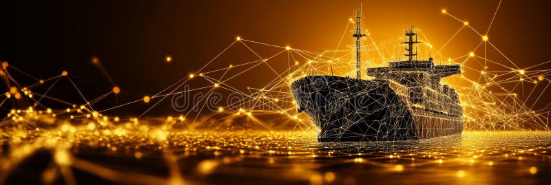 Digital Cargo Ship on Abstract Golden Network Background Representing ...