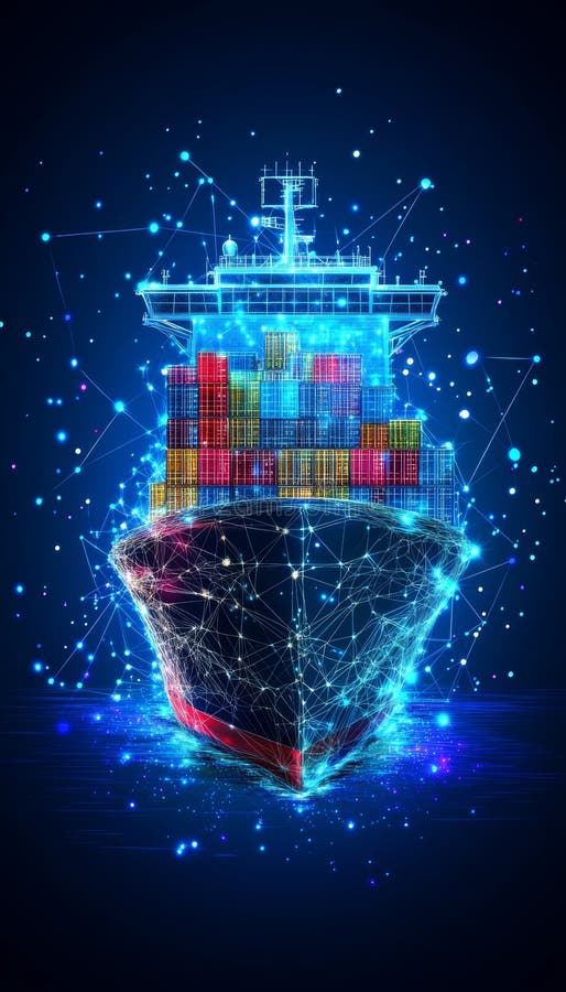 Digital Cargo Ship on Blue Technology Background, Container Logistics ...