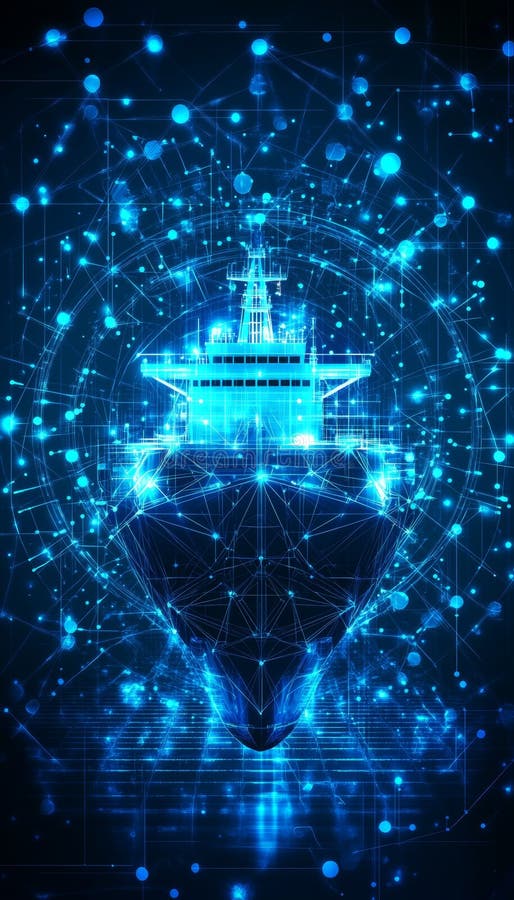 Digital Cargo Ship on Blue Technology Network Background, Abstract ...