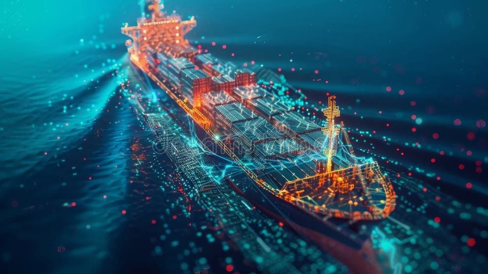 A Digital Cargo Ship Navigates through a Sea of Data Its Sails Adorned ...