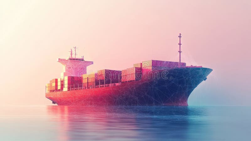 Digital Cargo Ship at Sea Sunrise Network Connections Stock ...
