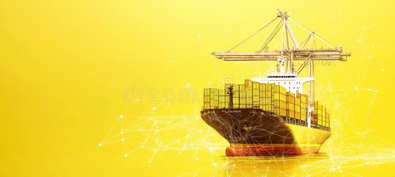 Digital Cargo Ship on Yellow Technology Background - Abstract Maritime ...