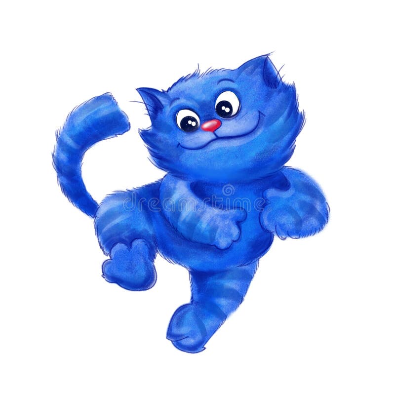 Digital Cartoon Handdrawing Blue Happy Jumping Cat Stock Illustration ...
