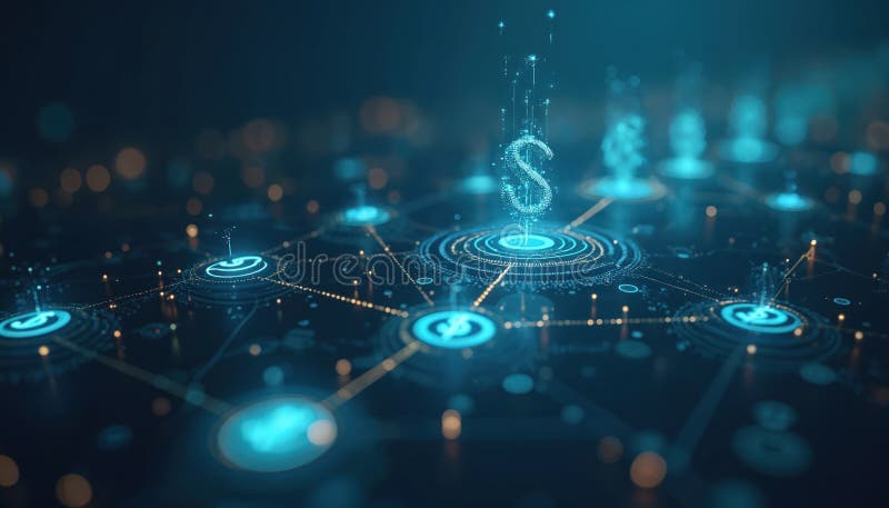 Digital Cash Flow Visualized As Glowing Network. Online Financial ...