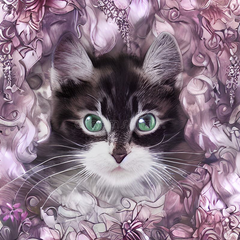 Digital cat with flowers stock illustration. Illustration of scene ...