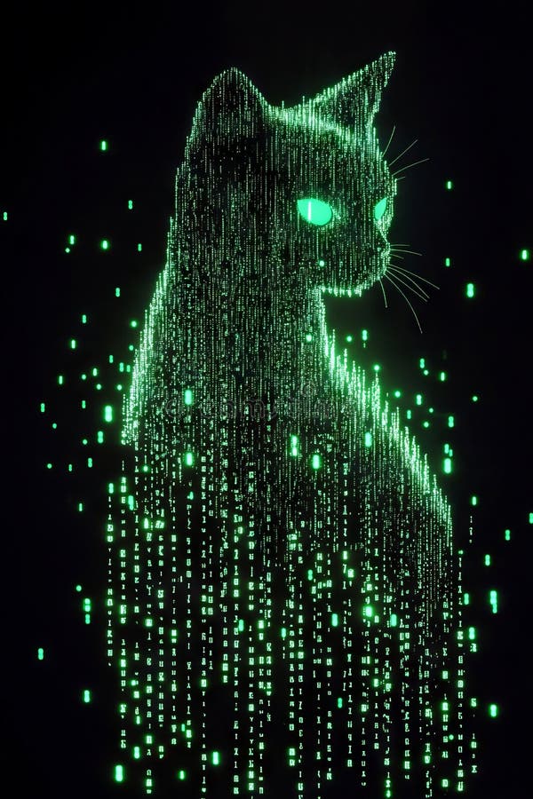 Digital Cat Made of Green Code on a Black Background Stock Illustration ...