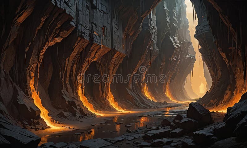 Digital Cave with Winding Path, Illuminated by Warm Glow from the ...