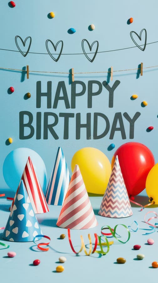 Digital Celebration with Birthday Cake, Hearts, and Party Hats Stock ...