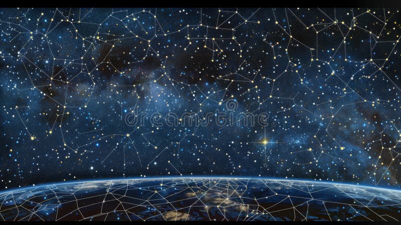 Digital Celestial Map of the Night Sky, Showcasing a Network of ...